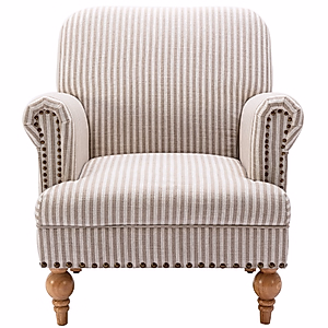 DM-Furnitue Wide Armchair Modern Linen Accent Chair Comfy Reading Chairs Upholstered Lounge Chair Single Sofa Couch for Bedroom/Living Room, Beige with Stripe