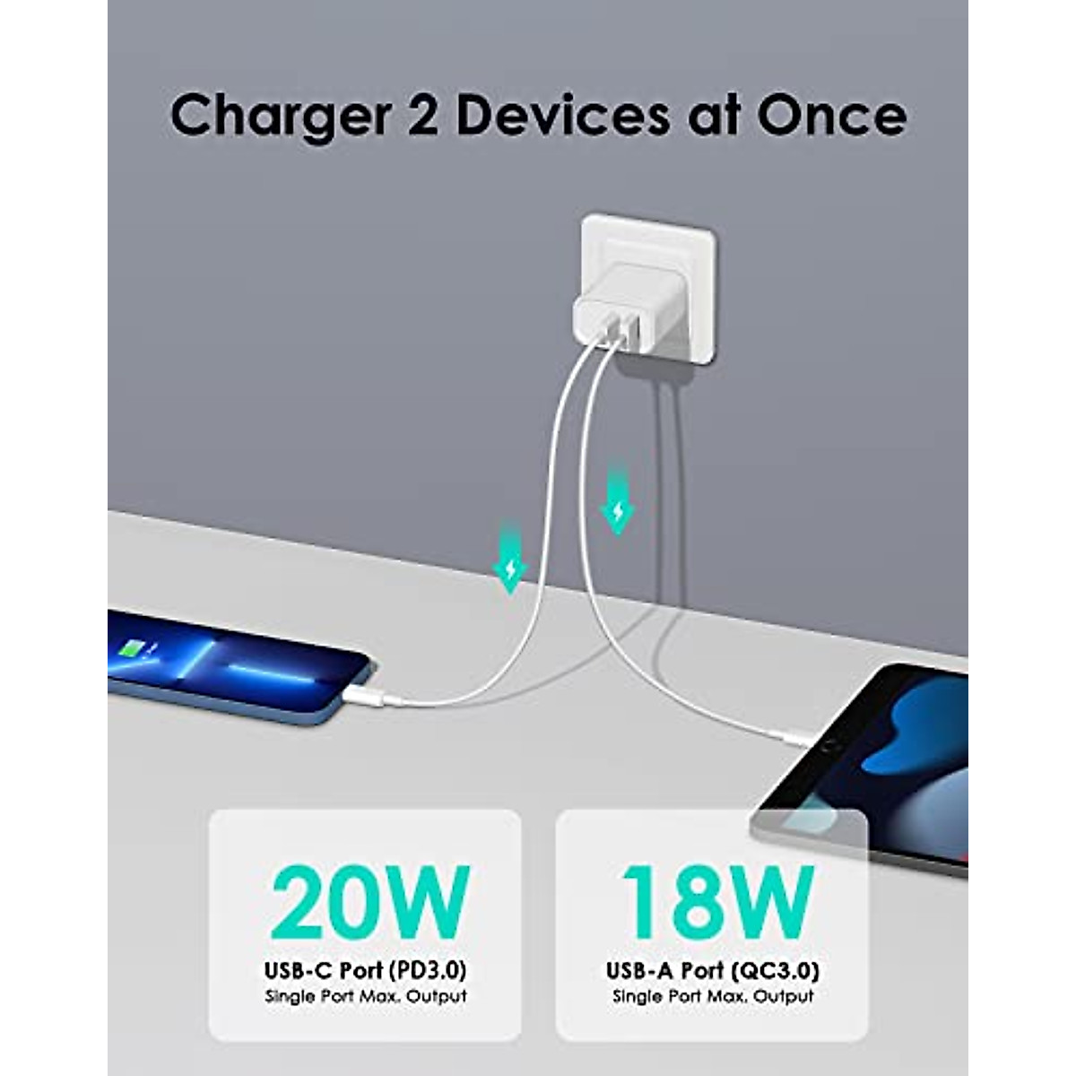 Charger Block USB and USB C Port [3 Pack] USB Wall Charger Multiport [PD 20W USB-C & QC 3.0 USB Port] Compatible with iPhone 13/12/11/X/8, iPad, Samsung, Google, Galaxy and More