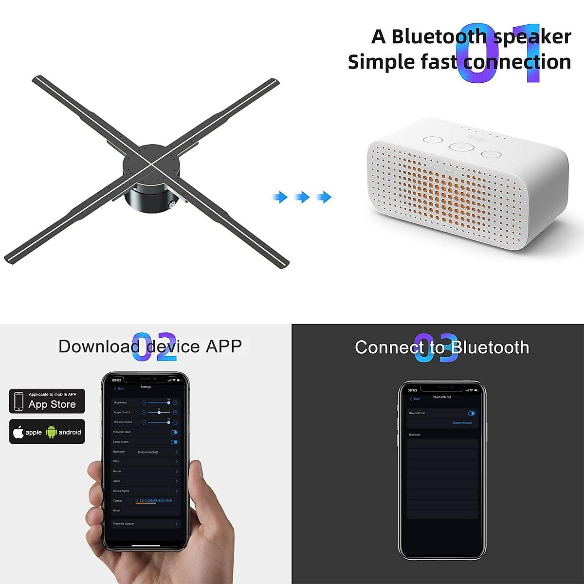 3D hologram fan-19.6in 1080PX Hi-Resolution 576 HD LED beads hologram fan-Holographic Video Advertising Projector Support real-time screen casting+splicing+Bluetooth audio+APP (A-P50)