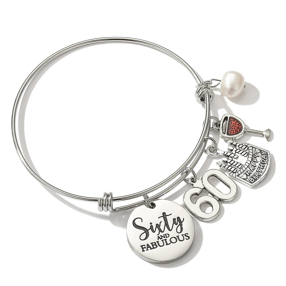Miss Pink 60th Birthday Jewelry Gifts for Women Stainless Steel Expandable Bangle 60 Year Old Charm Bracelets for Daughter Granddaughter