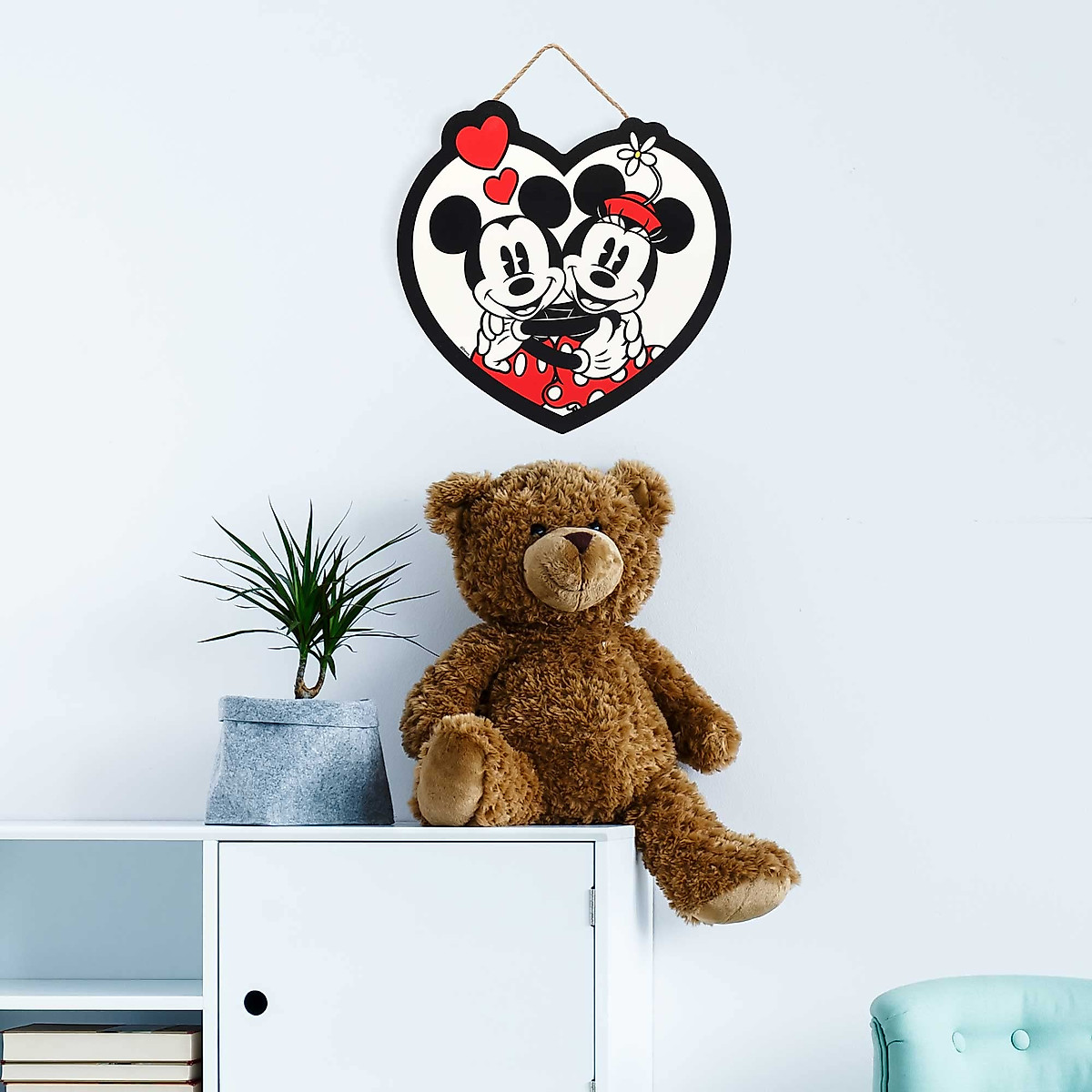 Disney Mickey Mouse and Minnie Mouse Hanging Wood Sign - Heart Shaped Mickey Mouse Wall Art