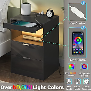 Tiptiper Black Nightstand with Wireless Charging Station and LED Lights, Bedside Table with 2 Drawers, Open Storage, 1 Pull-Out Tray, End Side Table with Charging Station, LED Night Stand with Storage