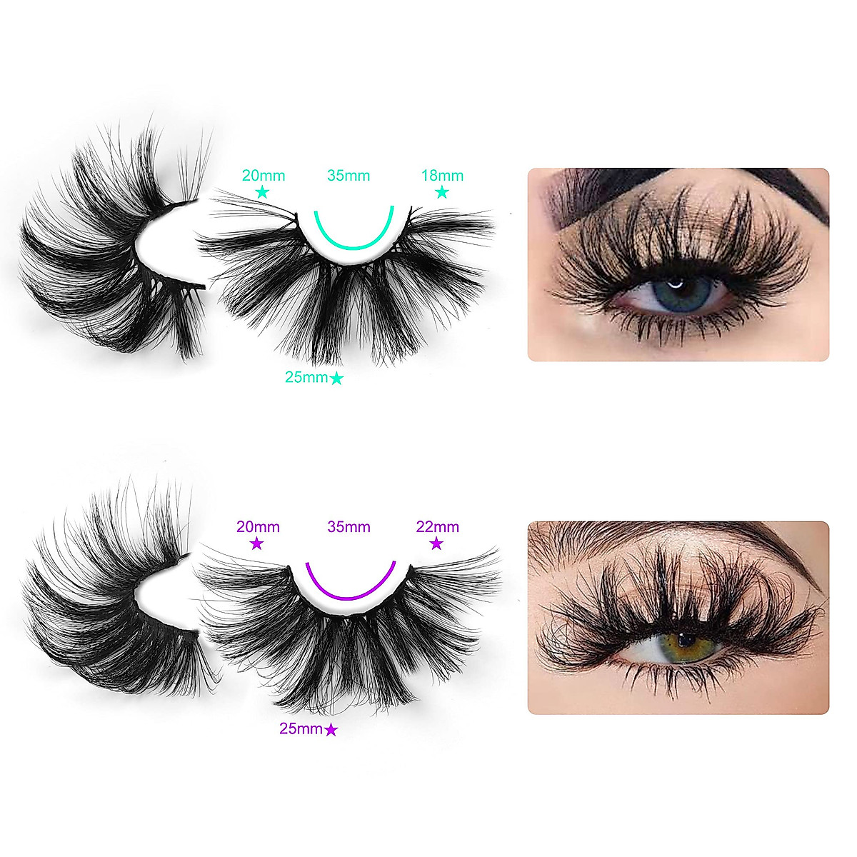 False Eyelashes Mink Lashes 25mm Long Eye Lashes Pack Dramatic 6D Wispy Thick Volume Fake Eyelashes by Geeneiya (2 Styles Mixed)