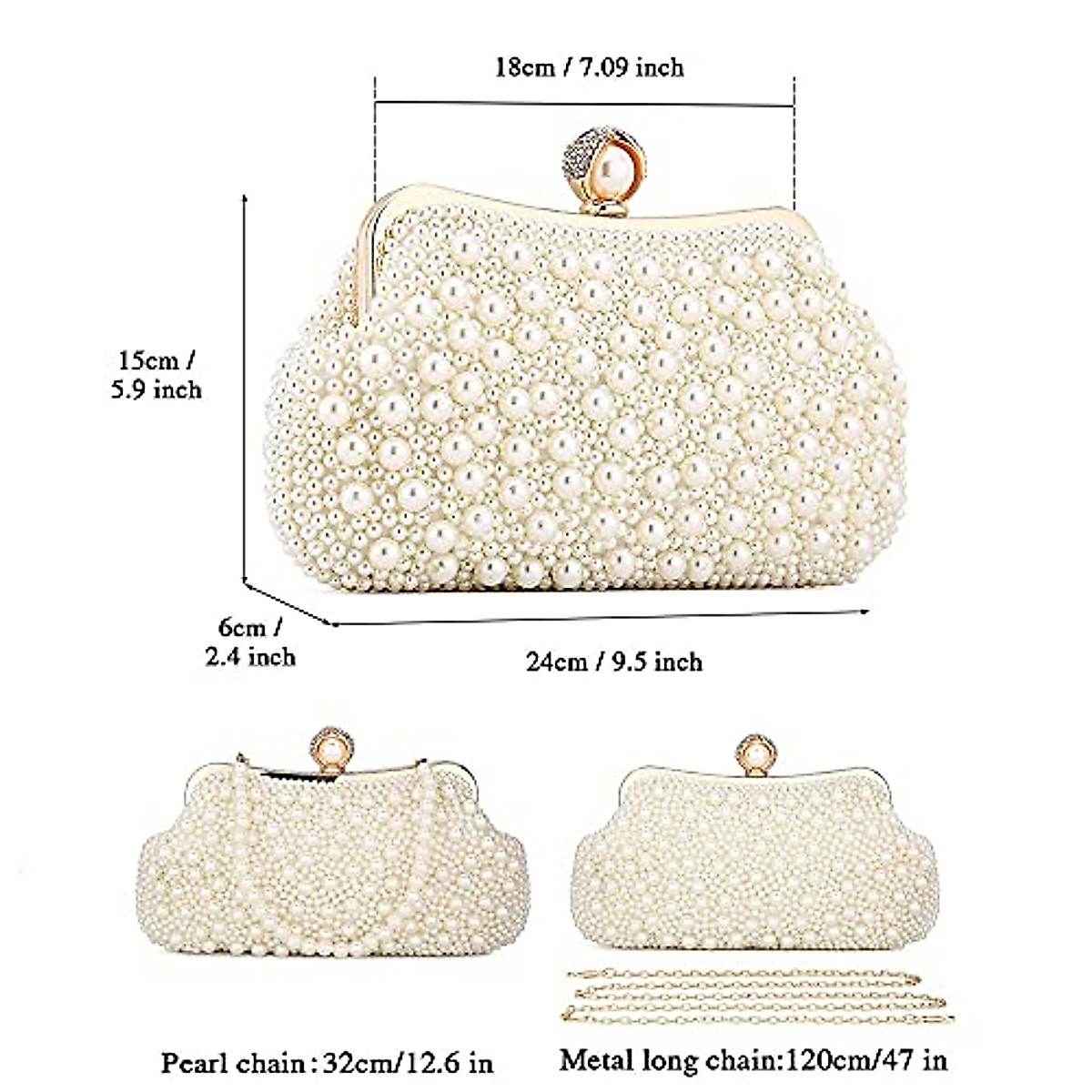 UBORSE Women Pearl Clutch Bead Rhinestone Evening Clutch Bag with removable Pearl Chain Ivory White