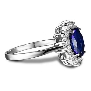 JewelryPalace Princess Diana Kate Middleton Class Gemstone Birthstone Blue Sapphire Halo Statement Engagement Rings for Women, Anniversary 14K Gold Plated 925 Sterling Silver Promise Rings for Her 6