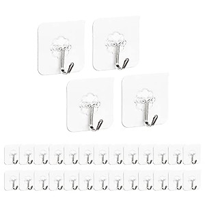 30 Pack Adhesive Hooks for Hanging Heavy Duty Wall Hooks 13 lbs, Waterproof and Rustproof Transparent Reusable Seamless Hooks for Home Kitchen, Bathroom, Office