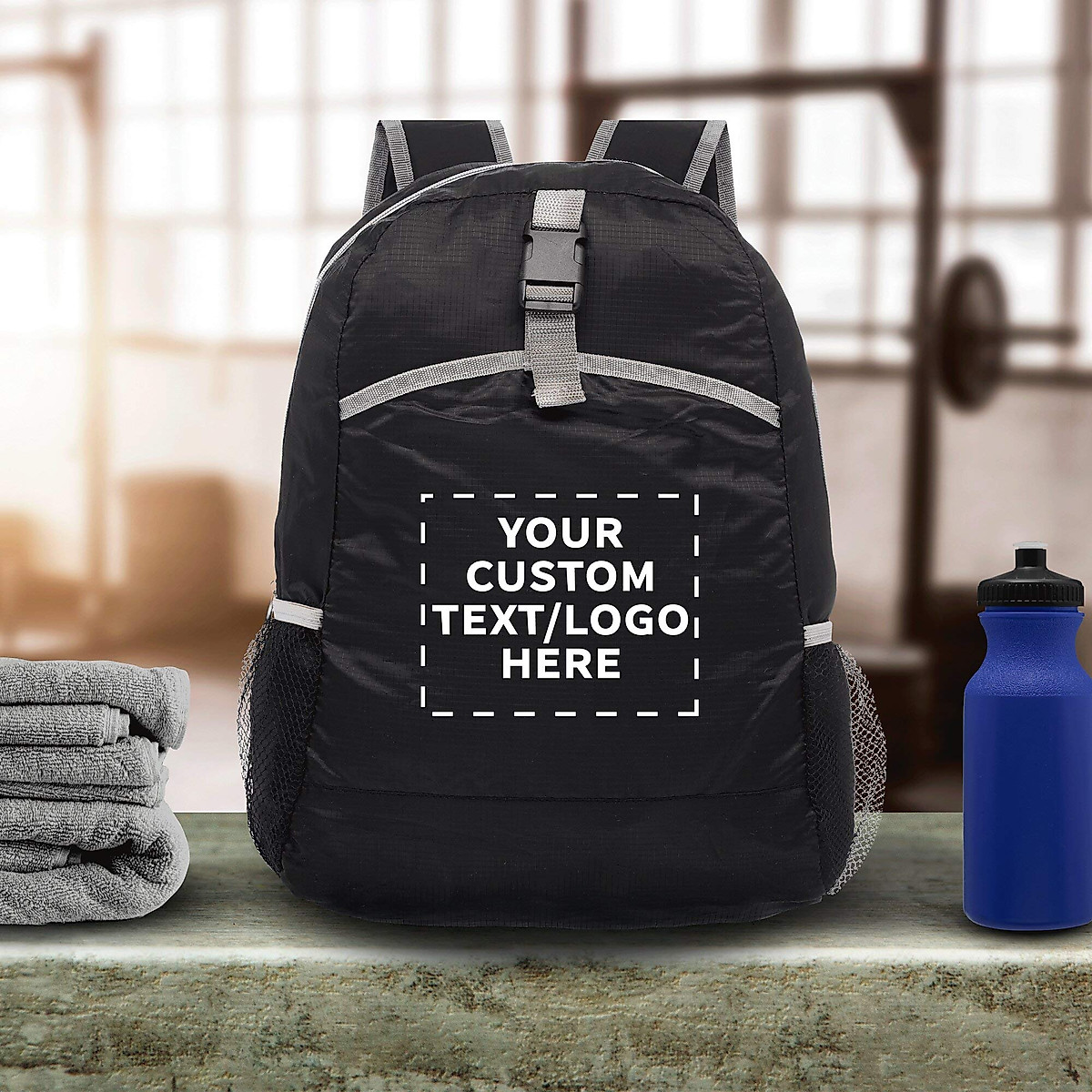 DISCOUNT PROMOS Custom Lightweight Travel Packable Backpacks Set of 24, Personalized Bulk Pack - Perfect for School, Camping, Outdoor Sports - Black