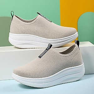 Oude Beige Slip On Tennis Shoes Women Lightweight | Wedge Sneaker Cute | Loafers Long Hours of Standing and Walking | Thick Rocking Bottom Size 9