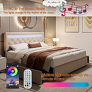 Keyluv King Size LED Bed Frame with 4 Storage Drawers, Velvet Upholstered Platform Bed with Adjustable Crystal Button Tufted Headboard and Solid Wooden Slats Support, No Box Spring Needed, Beige