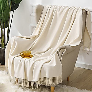 ZonLi Cream Throw Blanket Lightweight Herringbone Throw Blankets for Couch Ivory Beige Boho Throw Blanket Decorative Knitted Blankets with Tassels Fringe for Bed Outdoor 55'' x 75''