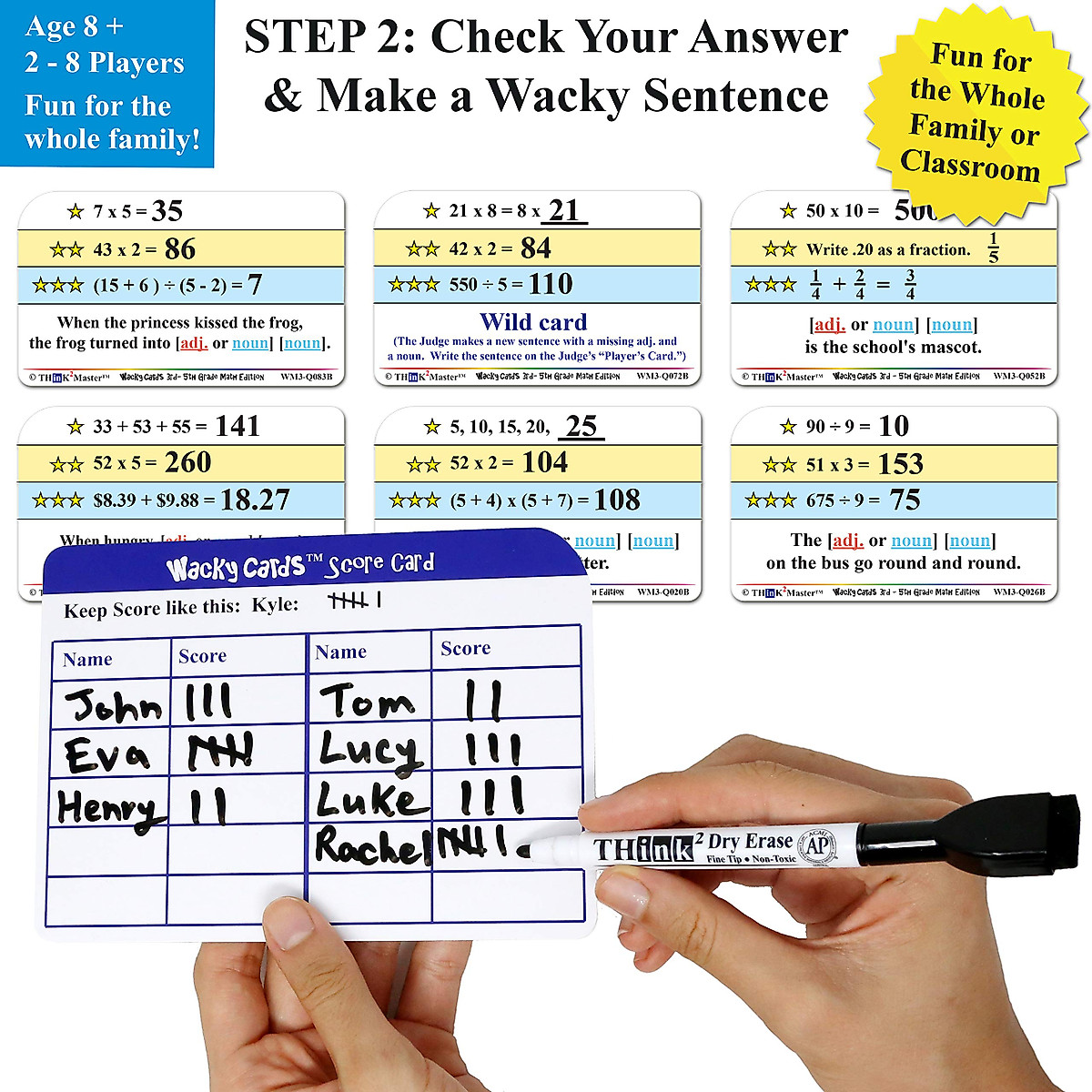 Think2Master Wacky Cards 3rd - 5th Grade. Math Card Game for Families & Classroom. Make Hilarious Sentences While Practicing Math Including Multiplication, Division & Algebra.