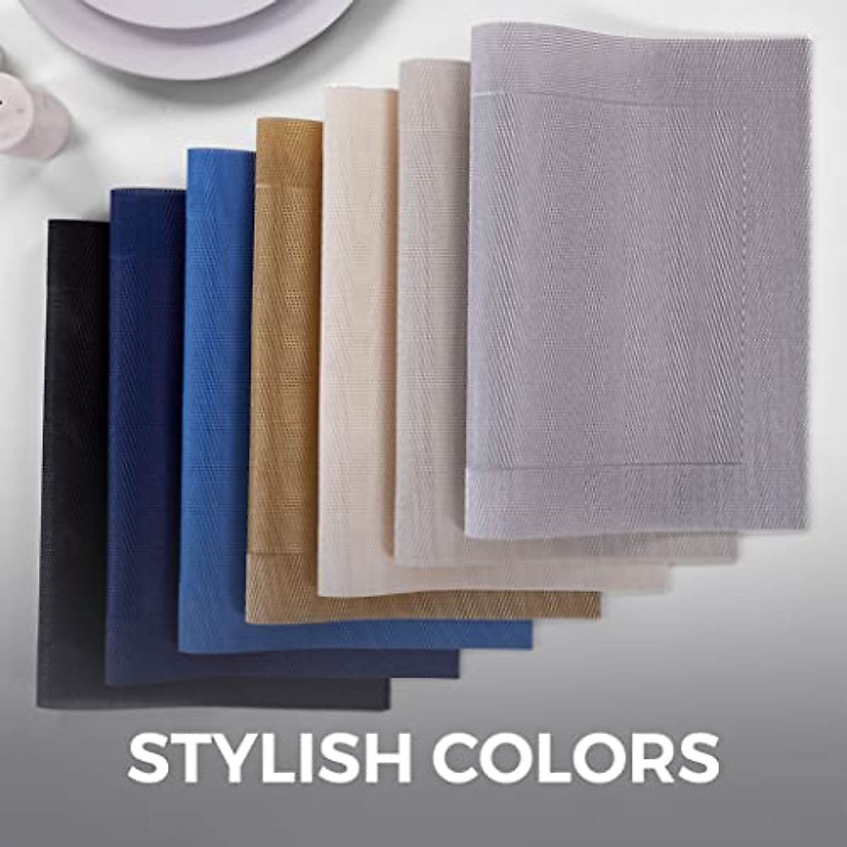 Home Genie Placemat Set of 4 Protect Surface Heat and Stain Resistant Dinner Mats, Wipeable Food Grade Place Mats, Woven Vinyl Plates for Kitchen, Dining Room Table Décor Accessories 18”x12” Black