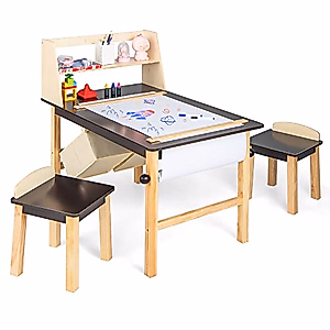 HONEY JOY Kids Art Table and Chair Set, Wooden Drawing Desk and 2 Stools w/Paper Roll, Open Shelf, Toddler Activity & Crafts Table w/Storage Bins, Children Furniture Set for Boys Girls Ages 3+