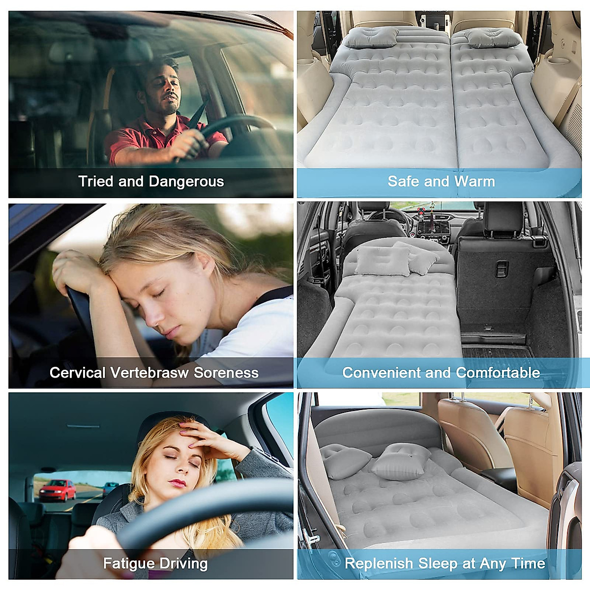 ISWEES Car Air Mattress, SUV Air Mattress, Car Mattress for SUV, Full Mattress with Electric Pump and 2 Pillows, Car Bed Air Mattress Flocking Portable Sleeping Pad for Home Outdoor Travel Camping