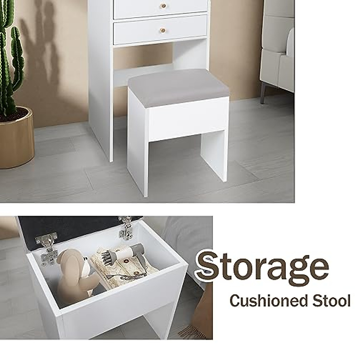 ARTETHYS Small Vanity Desk Set with 3 Adjustable Lighted Mirror and Storage Chair, Makeup Vanity Table for Small Space, White Dressing Table with Fold-up Panel for Bedroom