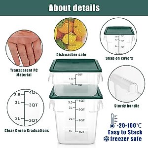 Kigley 4 Pcs Food Storage Containers with Lids Set 2 Qt 4 Qt 6 Qt 7.5 Qt Clear Square Commercial Food Storage Container with Scale Handle for Home Restaurant Kitchen Food Prep(Green)