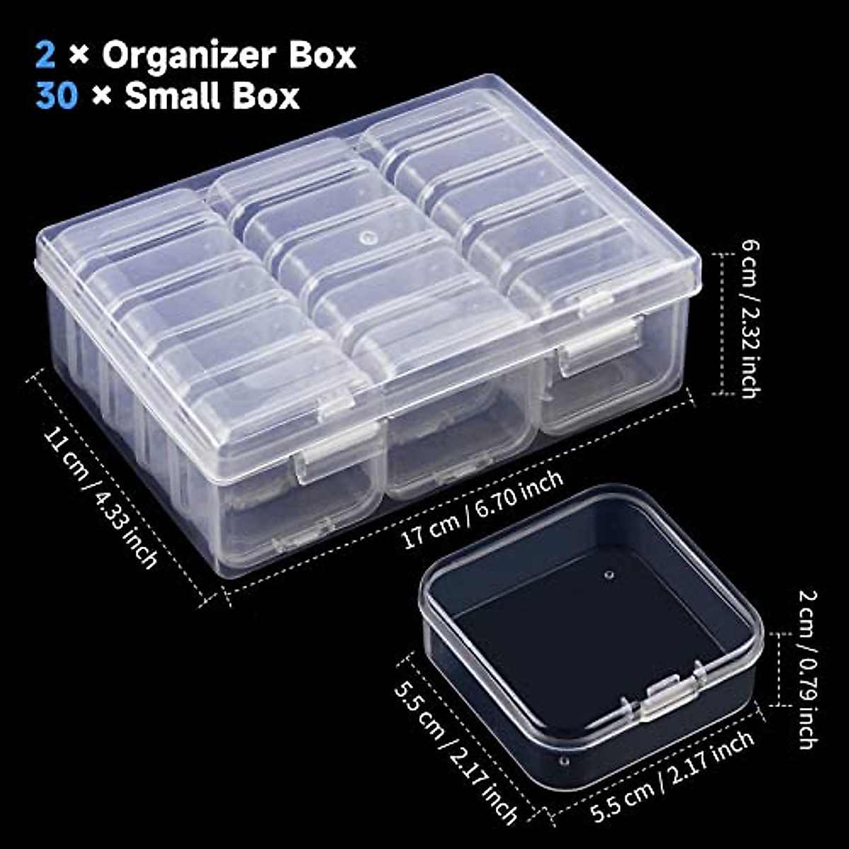 Qeirudu 30 Pcs Small Plastic Storage Containers with Hinged Lids - Clear Bead Organizer Box Mini Storage Cases for Beads, Jewelry and Craft Supplies (2.17 x 2.17 x 0.79 Inch)