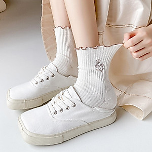 zrylibya Women's Ruffle Frilly Rib Knit Crew Socks Floral Embroidery Scalloped Pointelle Casual Ankle Socks 5 Pairs (Multicolor B)