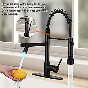 KZH Kitchen Sink Faucet with Pull Down Sprayer,Single Handle Two Spout Kitchen Faucets with LED Light,Matte Black,Stainless Stee