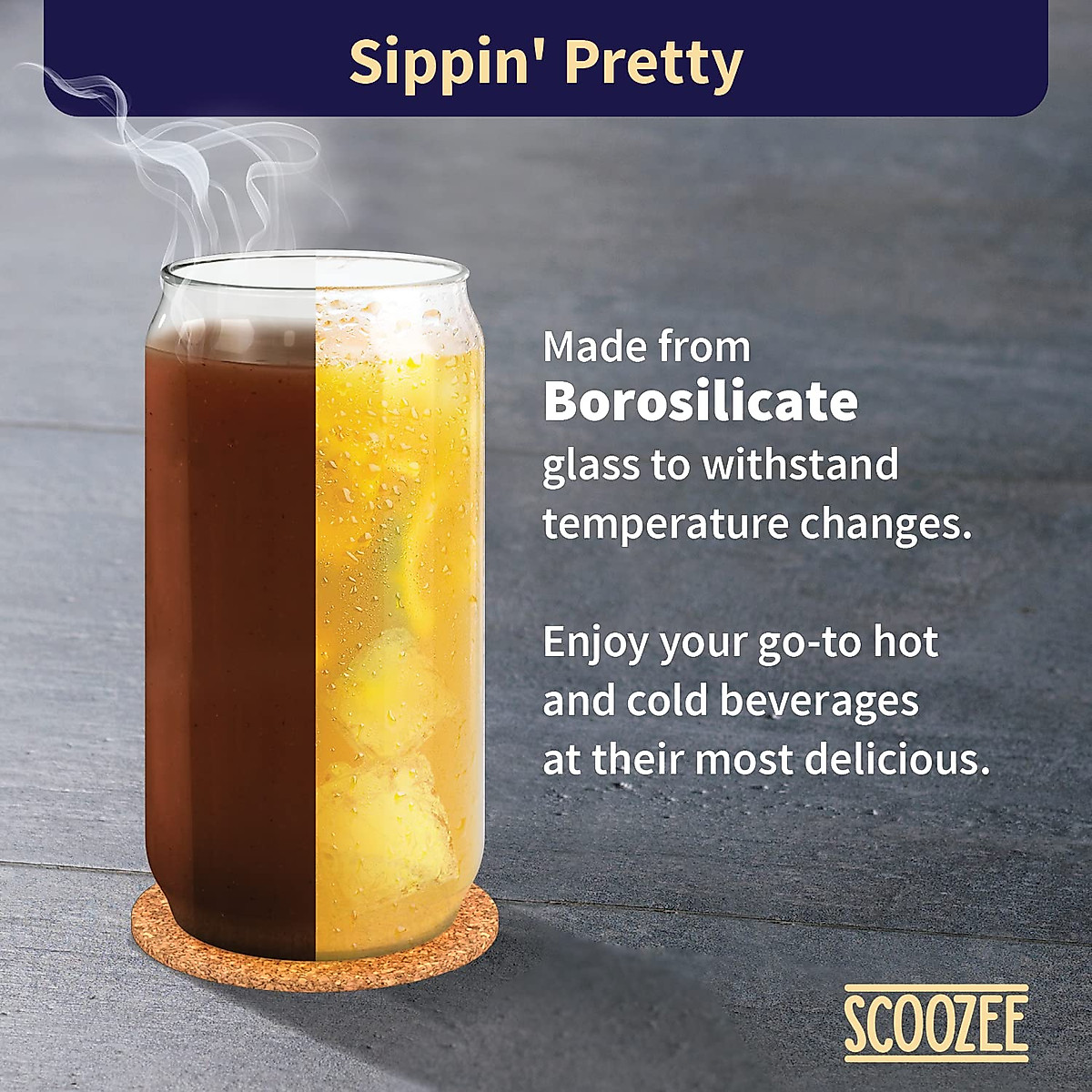 Scoozee Glass Cups with Lids and Straws (Set of 4, 16 oz) - Glass Tumbler with Straw and Lid, Can Shaped Drinking Glasses, Iced Coffee Cup, Beer Glasses - Aesthetic Cute Coffee Bar Gift