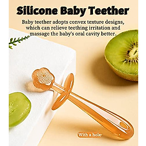 FOKiiBO Baby Silicone Toothbrush Set, Toothbrush + Tongue Brush + Baby Teether + Finger Toothbrush with Cup for Training Teething, 0-18M Infant Toddler Newborn Baby Teeth Brushes (Amber)