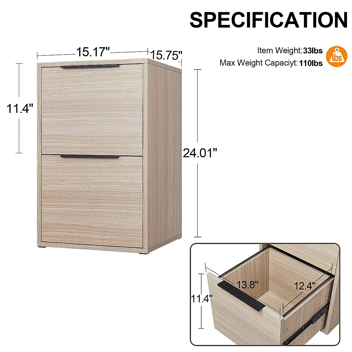 LUCYPAL 2 Drawer Wood File Cabinet,Wooden Storage Filing Cabinets with Hanging Bars for Letter Size,Under Desk Small File Cabinet for Home Office,Beige