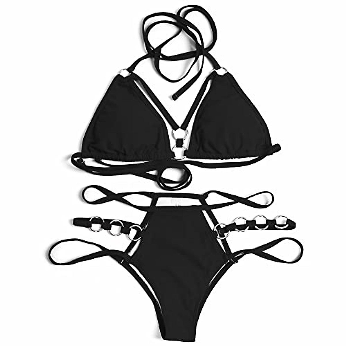 EJsoyo Womens Sexy Thong Bikini Swimsuits String Push up Padded Bathing Suit 2 Piece Cheeky Swimwear with Metal Ring (Large, Black)