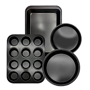 PINVNBY Baking Pans Set,Nonstick Bakeware Set with Baking Sheet, Muffin Pan, Round Cake Pan, Pizza Pan, Kitchen Oven Pan Baking Sheet Set, Complete Carbon Steel Bakeware Set (4 Pieces)