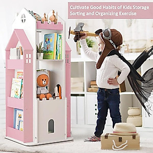 MOUDAO Rotating Bookshelf 360° Castle Kids Bookshelf Toy Storage Organizer Rack, Pink White Corner Bookshelf for Kids Toddler Children, Home Office Furniture Bookcase