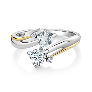 Gem Stone King 925 Silver and 10K Yellow Gold Heart Shape Sky Blue Aquamarine and White Moissanite Ring For Women (0.86 Cttw, Gemstone Birthstone, Available In Size 5, 6, 7, 8, 9)