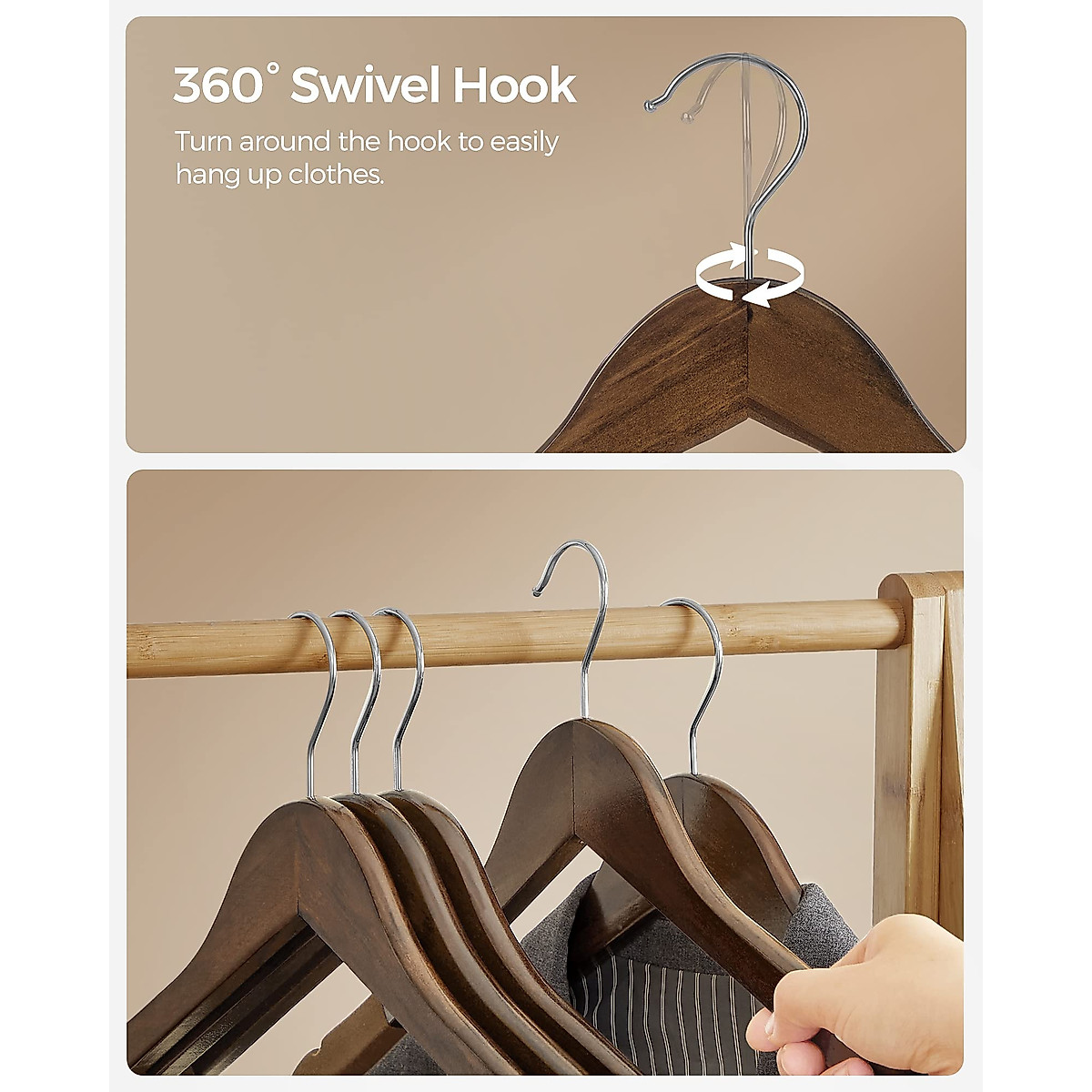 SONGMICS Velvet Wooden Hangers, Set of 20 Wooden Hangers with Velvet Surface, Non-Slip Coat Hangers with Shoulder Grooves, Pants Bar, 360° Swivel Hook, for Jackets Shirts, Dark Walnut UCRW012V02