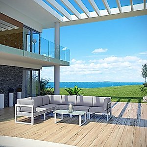 Modway Fortuna Aluminum 7-Piece Outdoor Patio Sectional Sofa Furniture Set with Cushions in White Gray