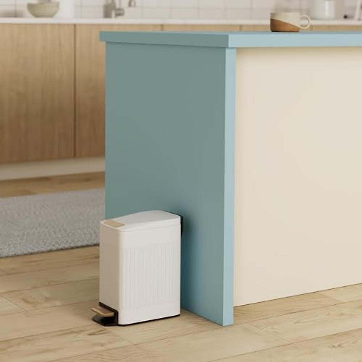 CEROELDA Small Bathroom Trash Can with Plastic Lid, 6L/1.6 Gal Stainless Steel Slim Garbage Can-Metal Wastebasket-Rectangle Pedal Step Trash Bin -for Narrow Kitchen Bedroom Office Toilet-White