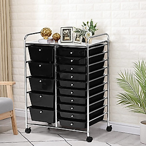 SILKYDRY 15 Drawers Rolling Storage Cart, Craft Cart Organizer with Lockable Wheels for Tools, Arts, Scrapbook, Papers, Multipurpose Utility Cart for Home Office School (Black)