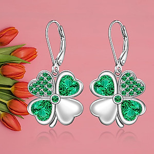 St Patricks Day Shamrock Earrings for Women Sterling Silver Four Leaf Clover Earrings Green Heart Cubic Zirconia Valentine Mothers Day Irish Shamrock Gifts