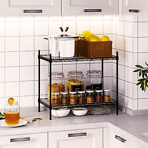 Best 2-Tier Wire Shelving - Black - Lightweight Mini Seasoning Shelf - Kitchen Storage Shelves, Unit with Storage Rack Corner Shelf Shelving Adjustable Storage Shelf, 11.8 "D x 15.7" W x 17.7 "H
