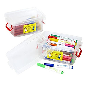 Really Good Stuff Small Clear Plastic Stackable Storage Tubs with Locking Lid – Red Handles Lock Lid in Place – Hold Supplies, Manipulatives and More in Classroom or Home, 8”x4”x5” (Set of 5)