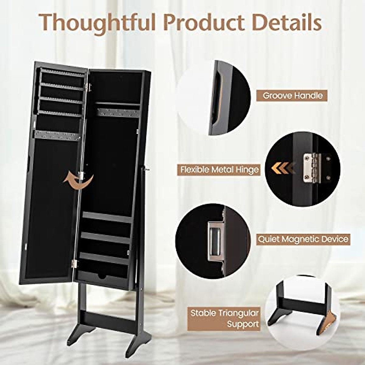 COSTWAY Jewelry Armoire Cabinet, Standing Jewelry Organizer with Full-length Mirror & 3 Adjustable Angles, Large Storage Capacity Jewelry Cabinet for Bedroom, Dressing Room (Black)