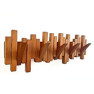 Acsigesn Wooden Coat Rack Wall Mounted Sticks Multi Rack Solid Handmade Natural Cherry Wood Artwork with 5 Flip-Down Unique Modern Hooks for Coats Bag Hat Umbrella