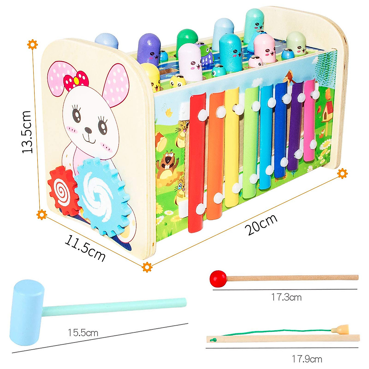 Aomola Wooden Hammering Pounding Toy Bench with Fishing Game, Xylophone, Moving Gears, Clock, Educational Montessori Musical Toys Gifts for Toddlers Kids Baby Boys Girls