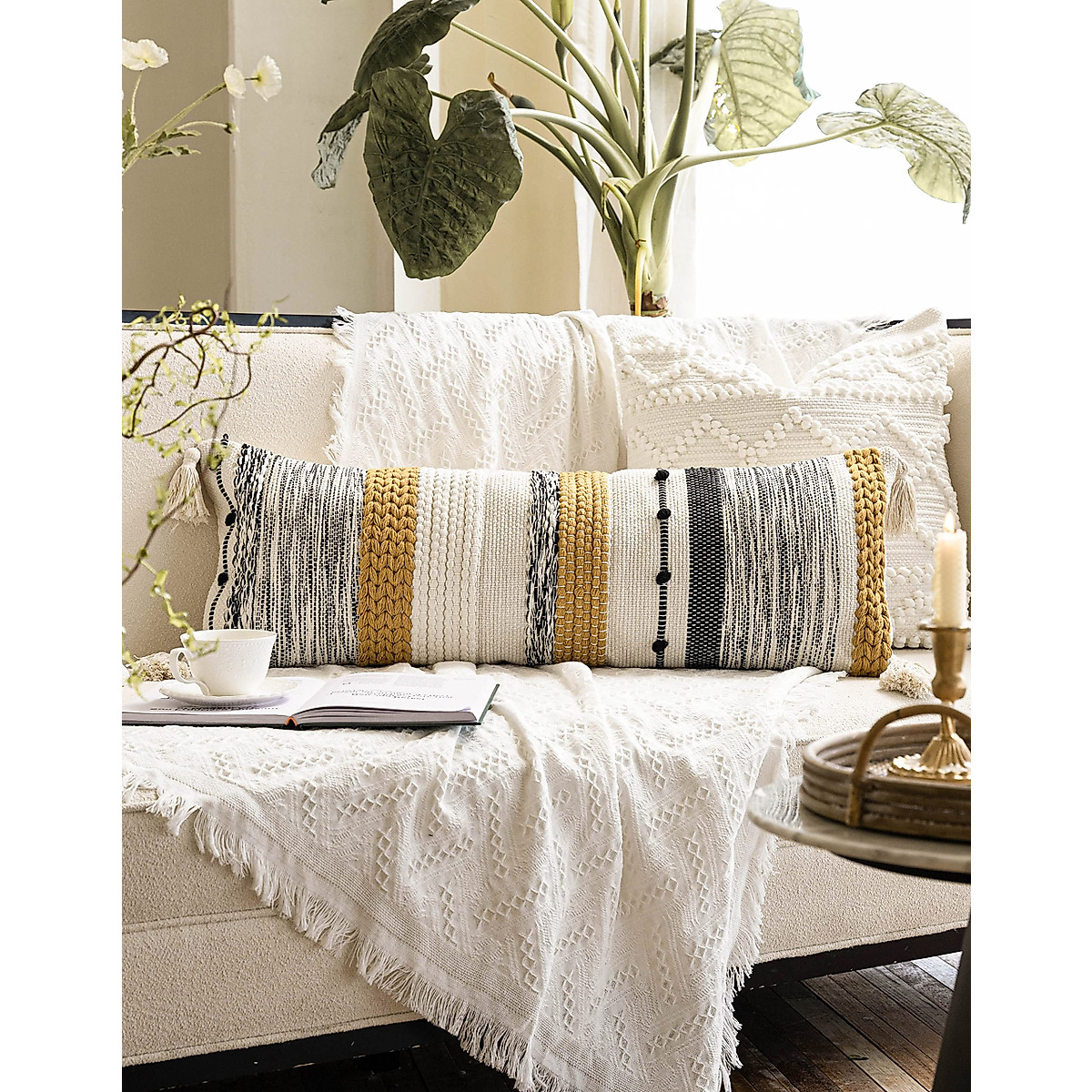 BlissBlush Decorative Lumbar Throw Pillow Cover 14x36 Boho Long Cushion for Bed Mustard Beige Accent Farmhouse Pillowcase for Bedroom Living Room Couch Sofa Home Décor COVER ONLY