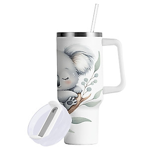 Jihqo Cute Sleeping Koala 40 oz Stainless Steel Vacuum Insulated Tumbler with Handle and Straw Lid, Leakproof Water Bottle Double Wall Travel Mug Coffee Cup, Cupholder Friendly