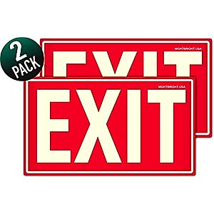 Photoluminescent Exit Sign (Red) / Pack of 2 / UV Inks on Aluminum. Heat Resistant | Cold Tolerant | Weather Proof. MADE IN USA.