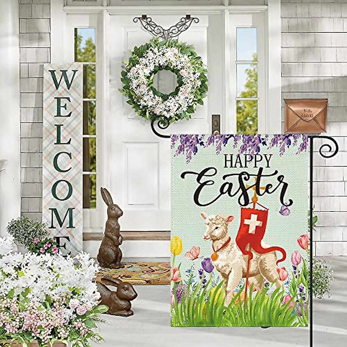 AVOIN colorlife Happy Easter Lamb of God Garden Flag 12x18 Inch Double Sided Outside, Hunt Meadow with Cross Floral Pascha Yard Outdoor Decoration