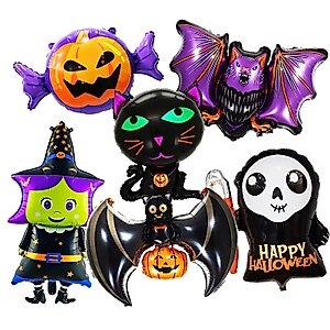 7 Pieces Large Halloween Foil Balloons Decorations Set, Includes Bat, Witch, Pumpkin, Black Cat, Skeleton, Ghost and Spider Designs Mylar Balloons for Spooky Trick-or-Treating Party Supplies