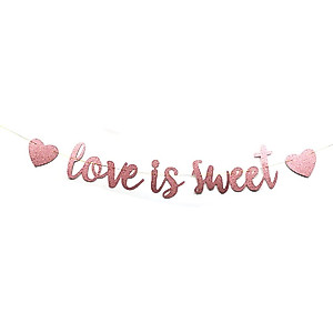 Rose Gold Love is Sweet Banner for Wedding Bridal Shower Engagement Party Sign Backdrops with Two Paper Hearts Pre-Strung (Rose Gold)