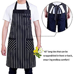 ALIPOBO Aprons for Women and Men, Kitchen Chef Apron with 3 Pockets and 40" Long Ties, Adjustable Bib Apron for Cooking, Serving - 32" x 28" - Black/White Pinstripe - 1 Pcs