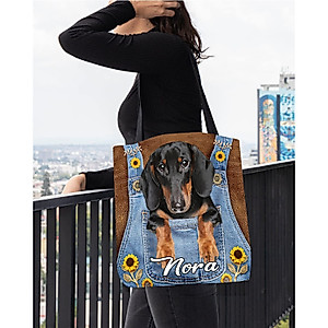 IZI POD Personalized Dachshund with Sunflower Tote Bag - Custom Tote Bags with Name, Gift for Dog Mom, Women Bag Shoulder, Canvas Tote Grocery, Gift for Dog Lover, Girl Shopping Handbag