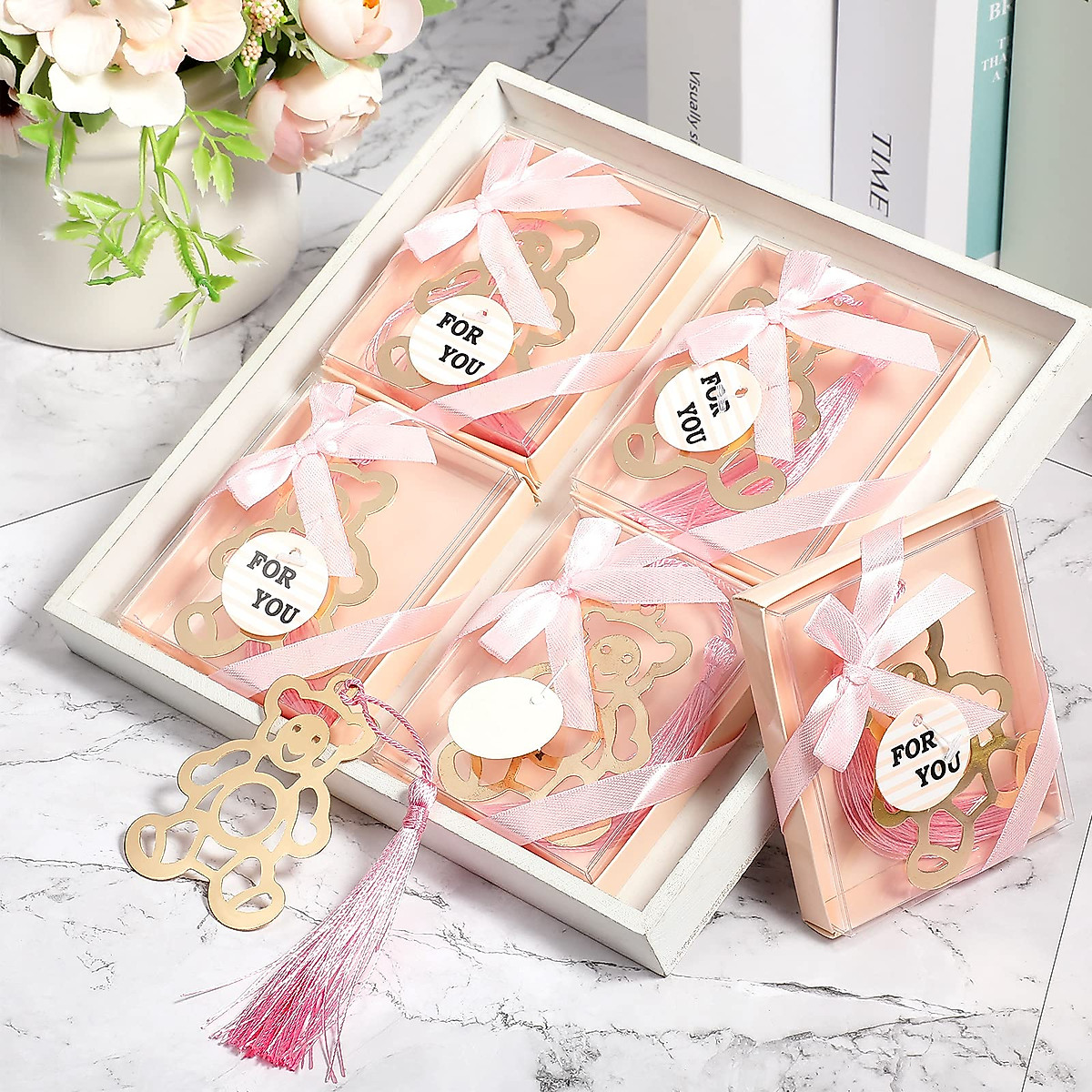 50 Pieces Baby Shower Favors for Guests Metal Bookmarks Guest Gifts for Baby Shower Birthday Bridal Shower Party Gifts Carnival Reward Little Bear Decorations Souvenirs with Individual Package (Pink)