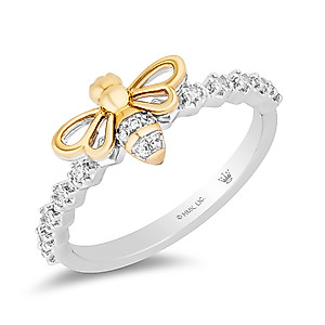 Jewelili Hallmark Fine Jewelry Sterling Silver and 14K Yellow Gold 1/6 Cttw Natural Round White Diamonds Honeybee Ring, Size 7